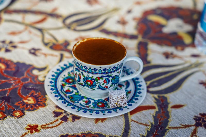 Turkish Coffee in Traditional Porcelain Cup with Turkish Delight Stock ...