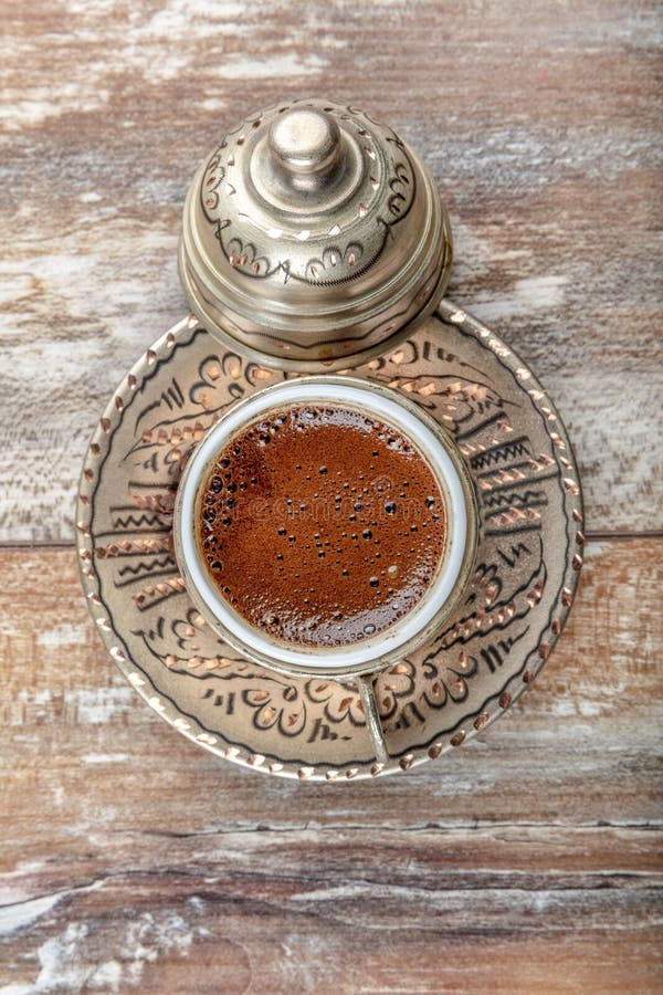 Turkish Coffee in Traditional Silver Cup on White Wooden Table Stock ...