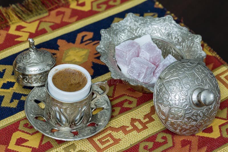 Turkish Coffee and Turkish Delight with Metal Crafts Stock Image ...