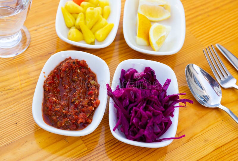 Turkish Cold Starters Meze Served in Eatery Stock Image - Image of ...