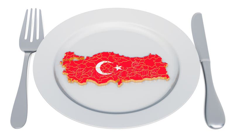 Turkish Cuisine Concept. Plate with Map of Turkey. 3D Rendering Stock ...
