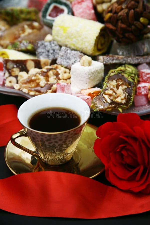 Tea and Turkish Delight on Wooden Background Stock Image - Image of ...