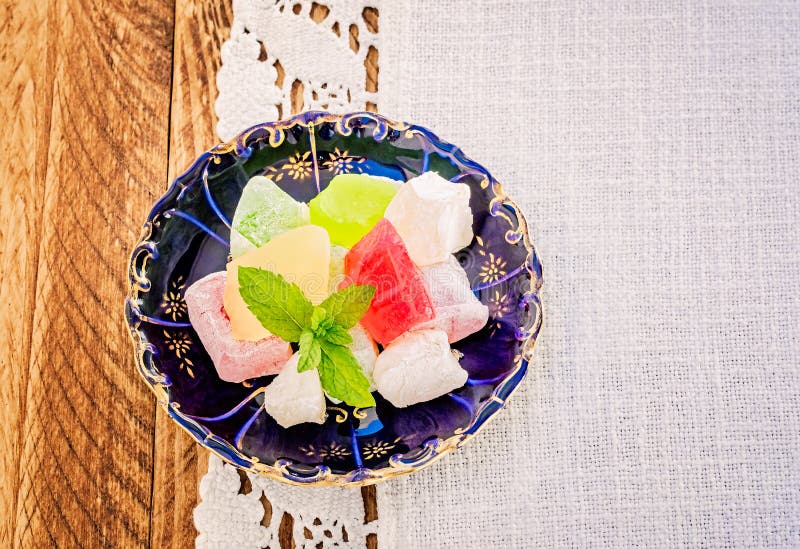Turkish Delight on a Blue Plate Stock Image - Image of wood, delicacy ...