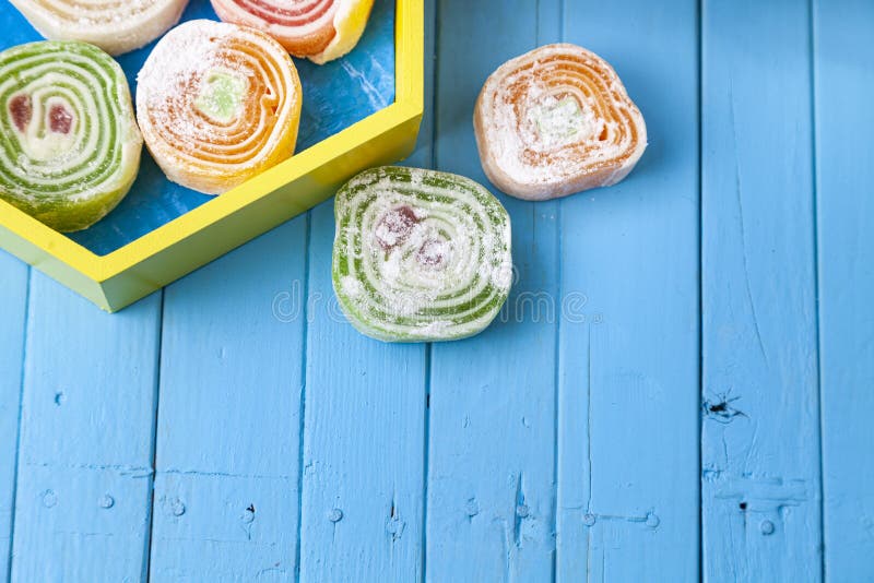 Turkish Delight on a Blue Table Stock Photo - Image of culture, closeup ...