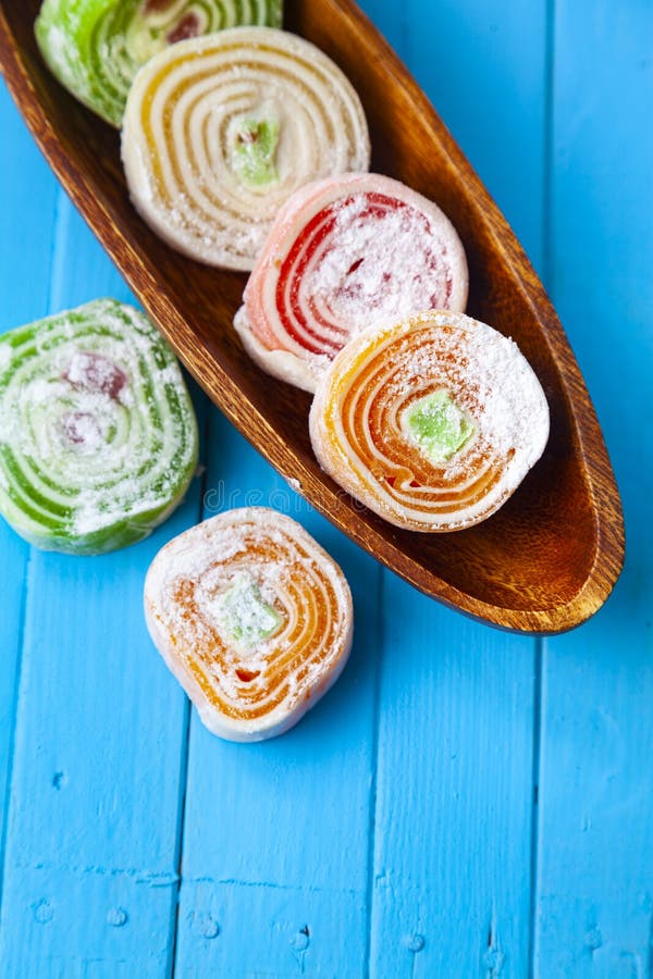 Turkish Delight on a Blue Table Stock Image - Image of pistachio ...