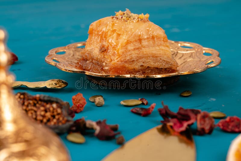 Turkish Delight Dessert on Traditional Tableware on Dark Blue Table ...