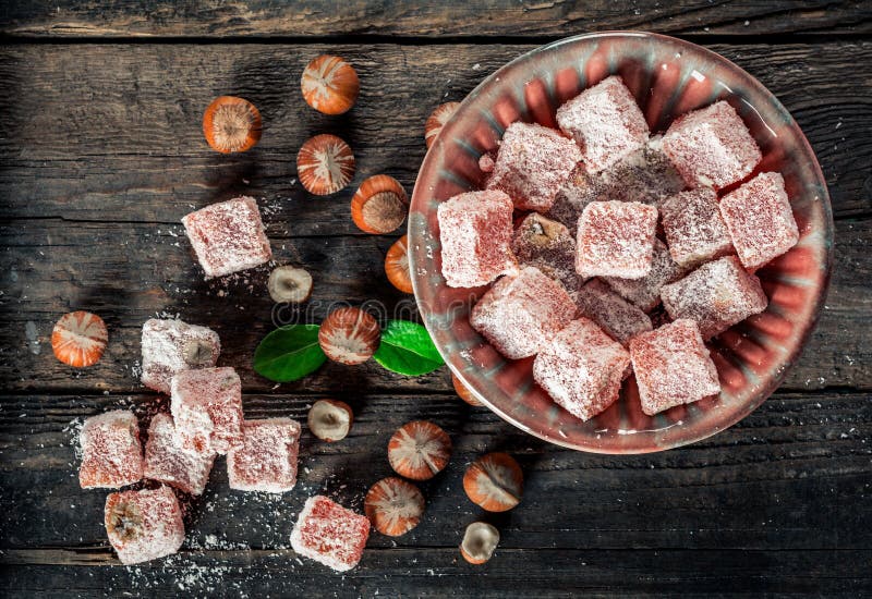 Turkish Delight, Eastern Delicacy with Hazelnuts Stock Photo - Image of ...