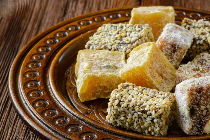 Turkish Delight or Rahat Lokum on Wooden Plate Stock Photo - Image of ...