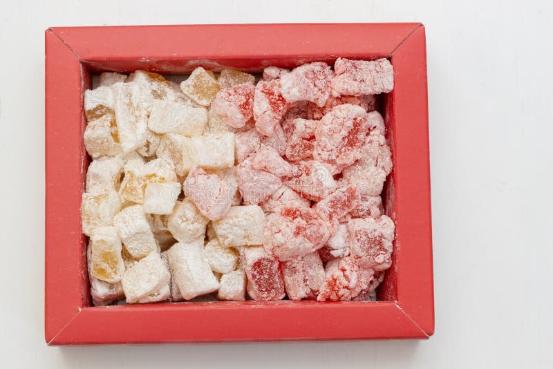 Turkish Delight in a Red Box, Red and Yellow Sweets. Stock Image ...