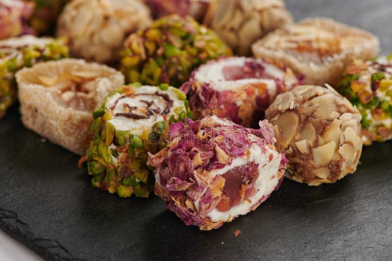 Turkish Delight Sweets on a Stone Slate Board Stock Image - Image of ...