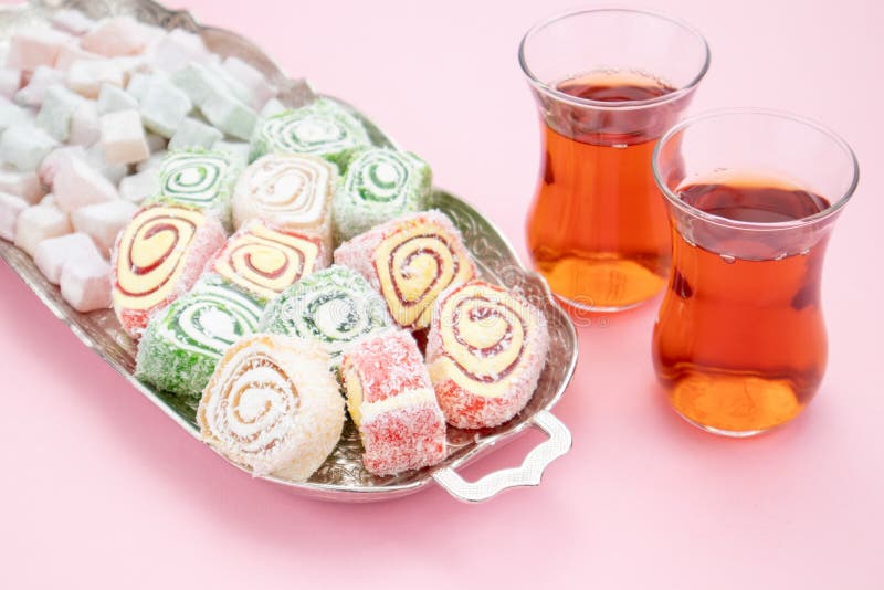 Turkish Delight and Tea on a Metal Tray on a Pink Table Stock Image ...