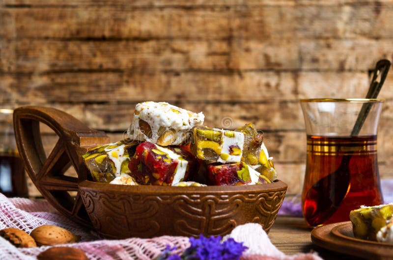 Turkish Delights with Pistachios and Tea Stock Photo - Image of arabic ...