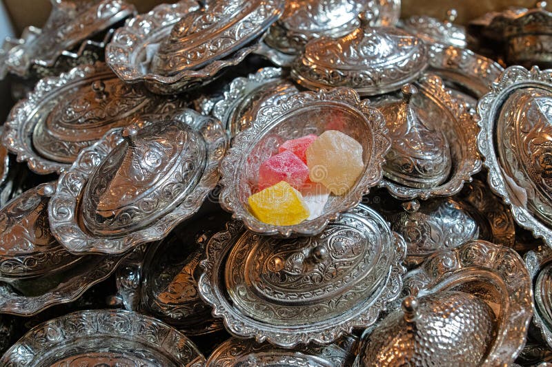 Turkish Delights in Small Copper Pots Stock Photo - Image of snacks ...