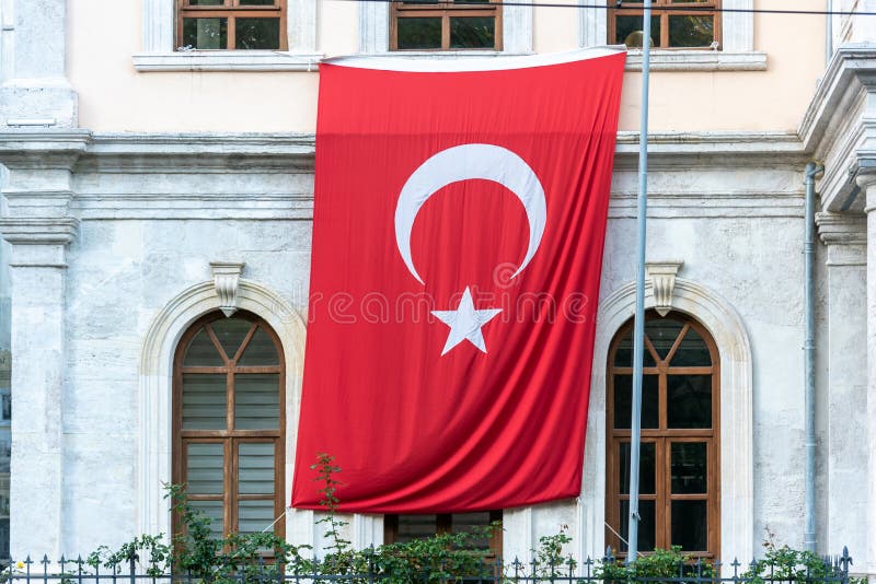 Turkish Flag on the Facade of the Building. Stock Image - Image of star ...
