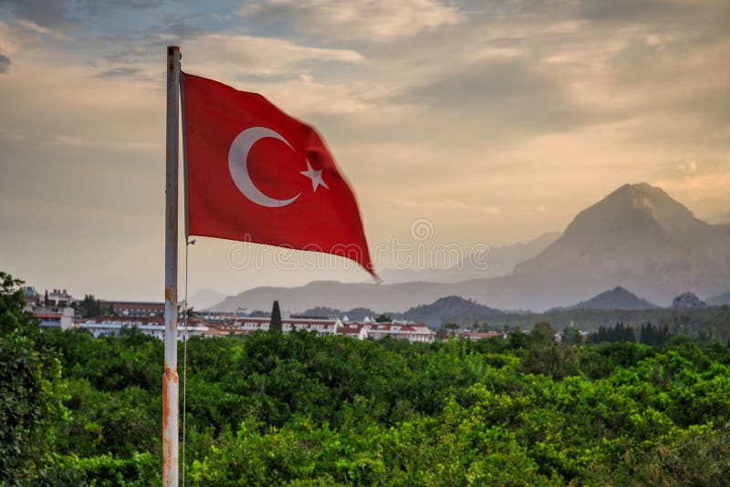 Turkish Flag Flying in the Wind at Sunset in Antalya Province. Turkey ...
