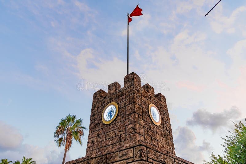 Scenic View of a Turkish Flag on an Architecture Old Tower with Palm ...