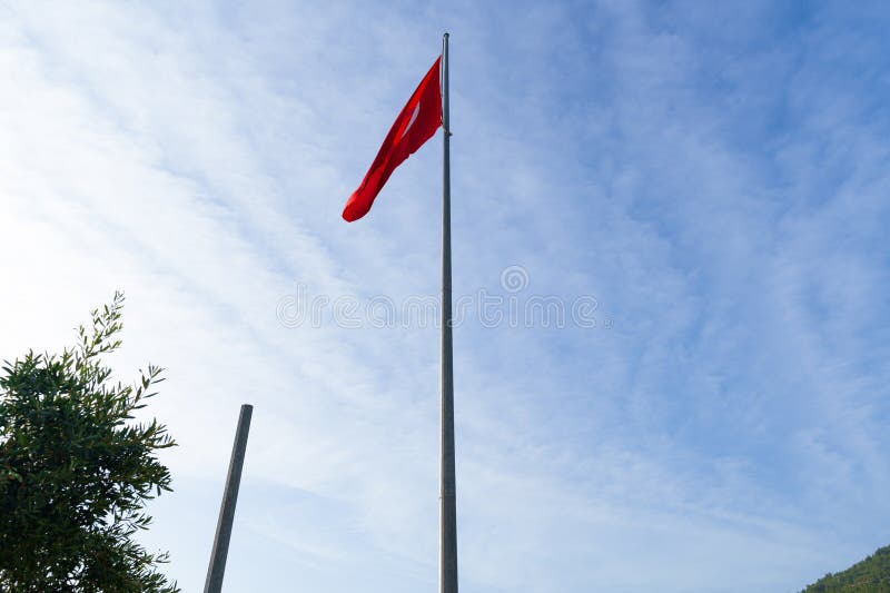 Turkish Flag on a Pole Under the Blue Sky Stock Image - Image of ...
