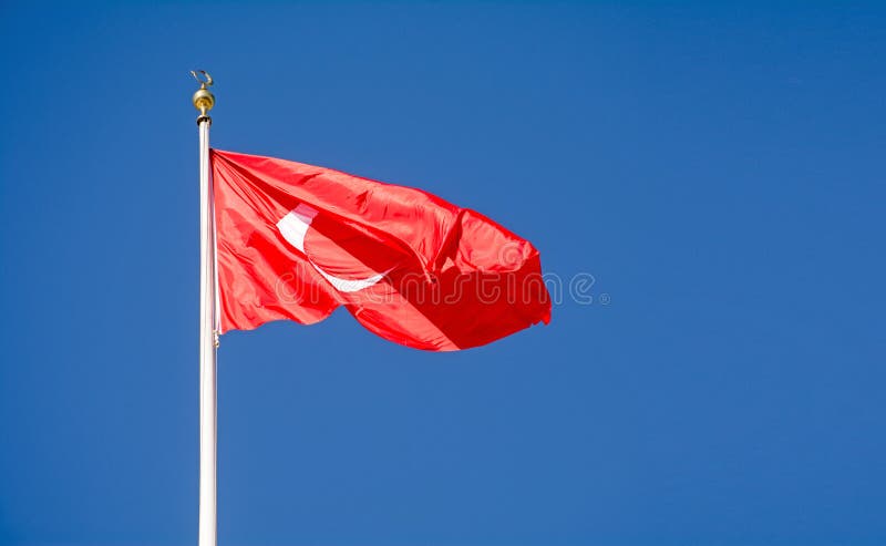 Turkish Flag with Red and White Moon, Blue Sky Stock Image - Image of ...