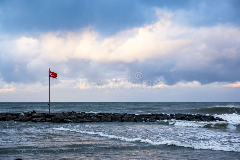 Turkish Flag Waving on Beach Near Ocean Stock Image - Image of ...