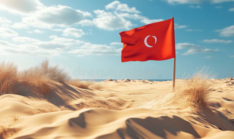 Turkish Flag Waving in Desert Landscape with Sandy Dunes and Blue Sky ...