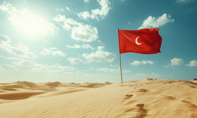 Turkish Flag Waving in Desert Landscape Under Bright Sky with Clouds ...