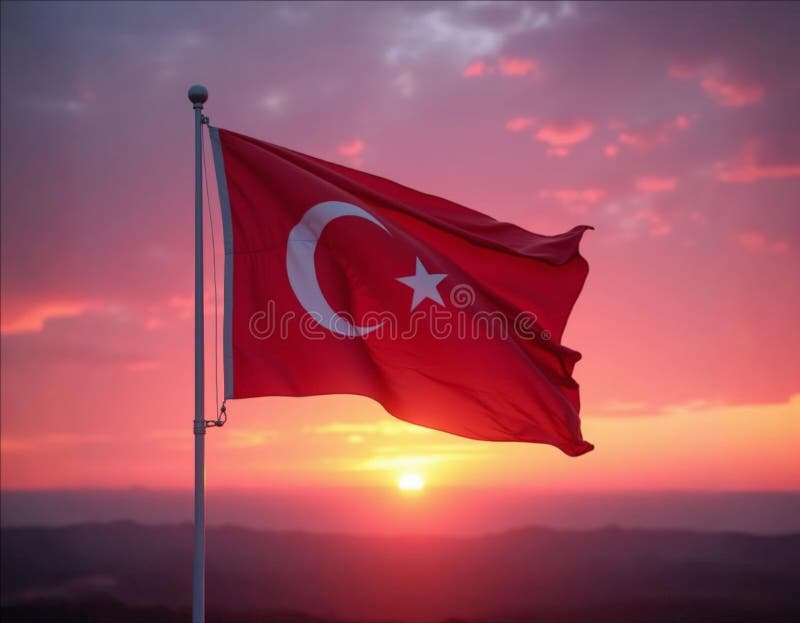 A Turkish Flag is Waving in Front of a Sunset with the Sun Setting and ...