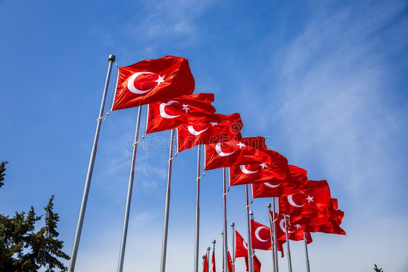 Turkish Flags Waving Against a Clear Blue Sky Stock Photo - Image of ...