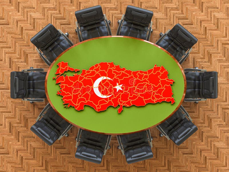 Turkish Goverment Meeting. Map of Turkey on the Round Table, 3D ...