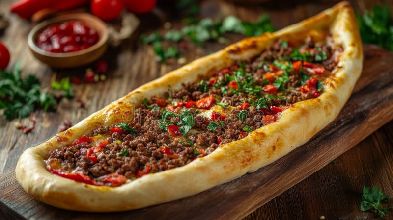 Turkish Ground Beef Pide with Cheese and Peppers Stock Illustration ...