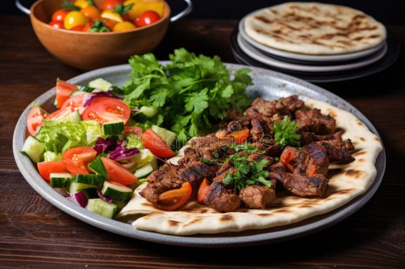 Turkish Kebabs with Flatbread and Salad Stock Photo - Image of ...