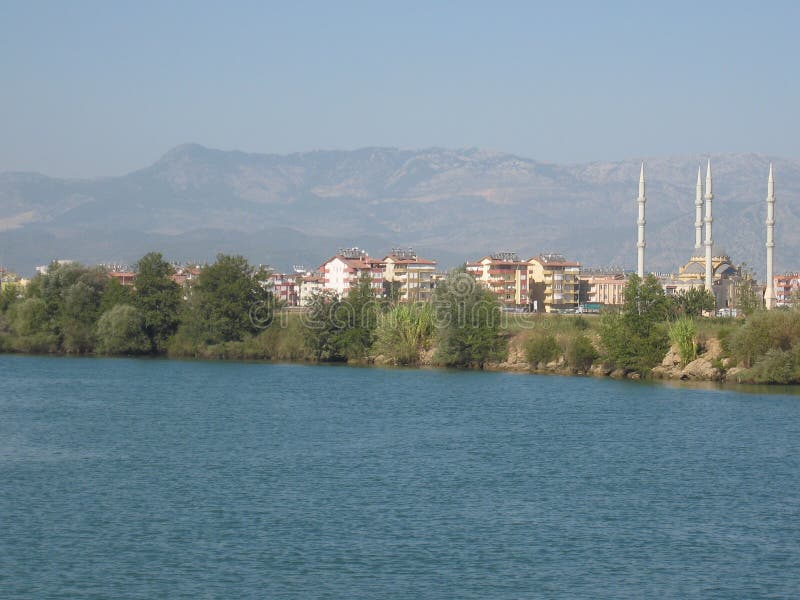 Turkish Landscape: Mosque, River and Mountains Stock Image - Image of ...