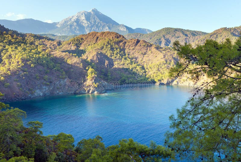 Turkish Landscape with Olympos Mountain, Beach and Green Forest Stock ...