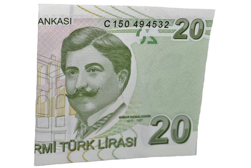 Turkish 20 Lira Banknote on White. Stock Photo - Image of banknote ...