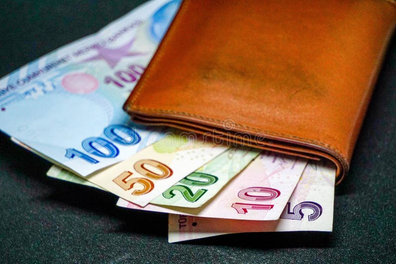 5, 10, 20, 50, and 100 Turkish Lira Banknotes in the Leather Wallet ...