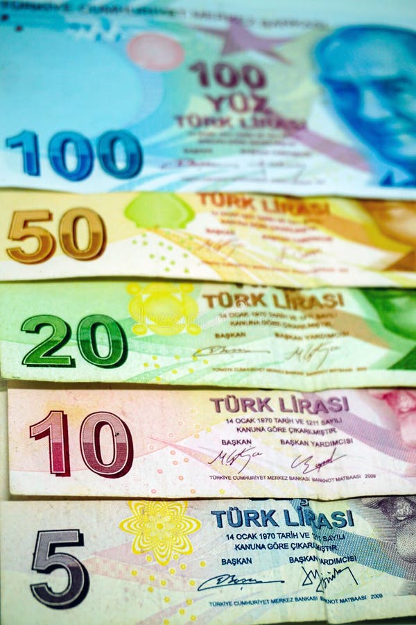 10, 20, 50, and 100 Turkish Lira Banknotes, Vertical Stock Photo ...