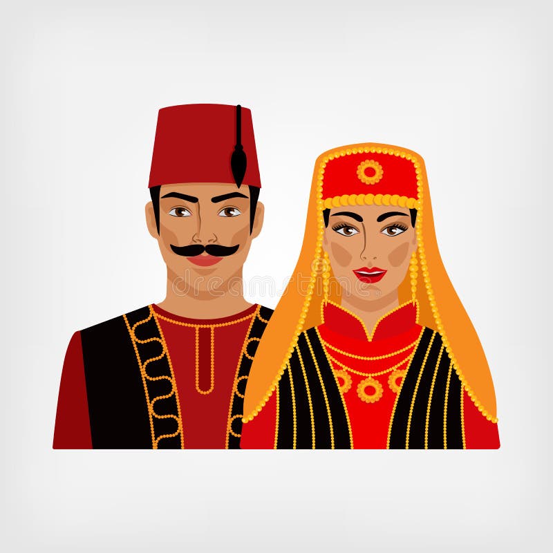 Turkish Couple Man and Woman in Traditional Clothes Vector Illustration ...