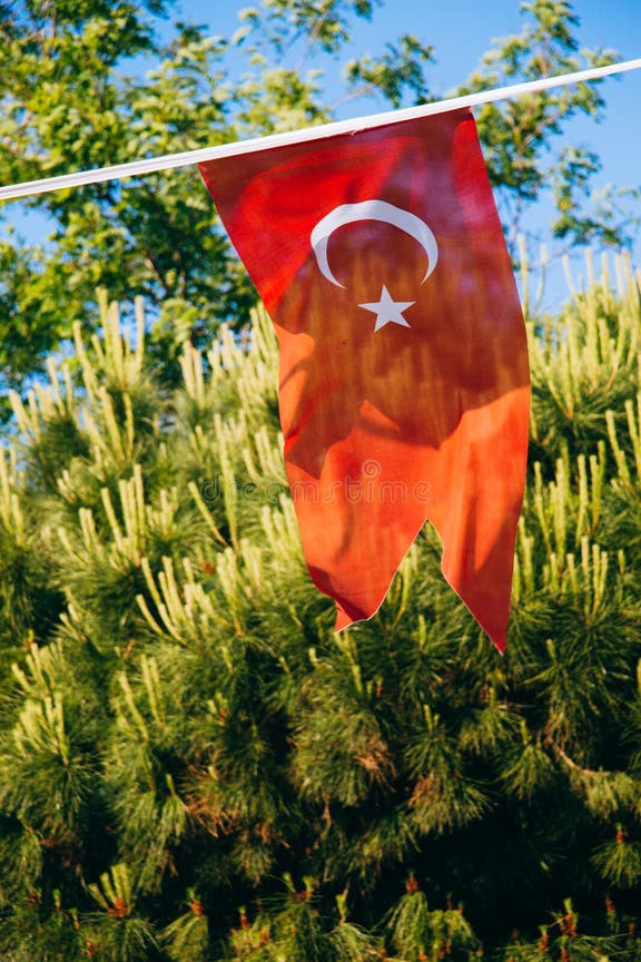 Turkish National Flag on a String in View Stock Photo - Image of flags ...