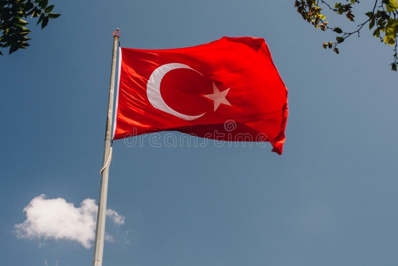 Turkish National Flag with White Star and Moon in Sky Stock Image ...