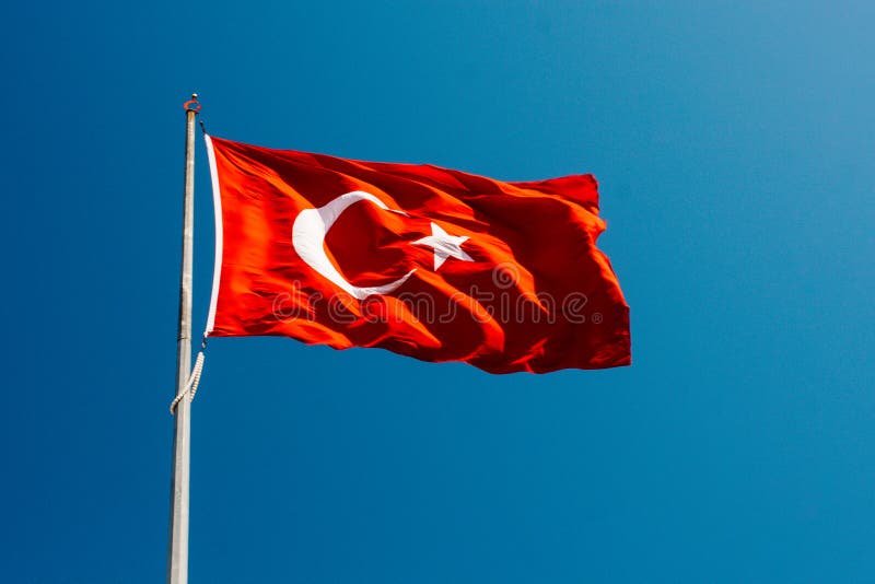 Turkish National Flag with White Star and Moon in Sky Stock Image ...