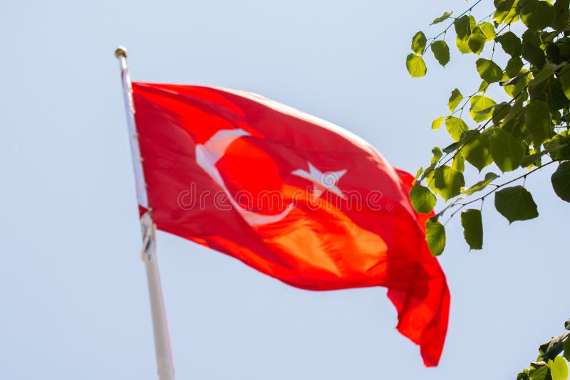 Turkish National Flag with White Star and Moon in Sky Stock Photo ...