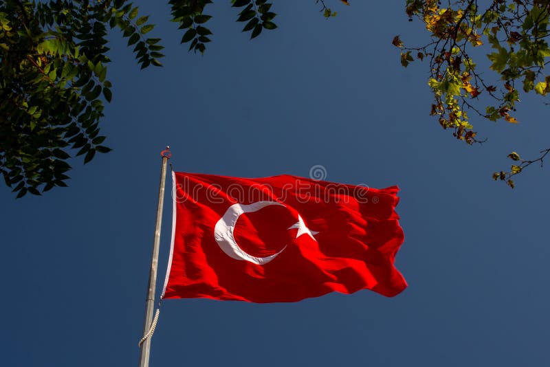 Turkish National Flag with White Star and Moon in Sky Stock Photo ...