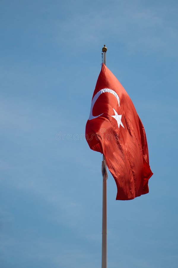 Turkish National Flag with White Star and Moon in Sky Stock Photo ...