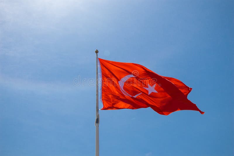 Turkish National Flag with White Star and Moon in Sky Stock Image ...