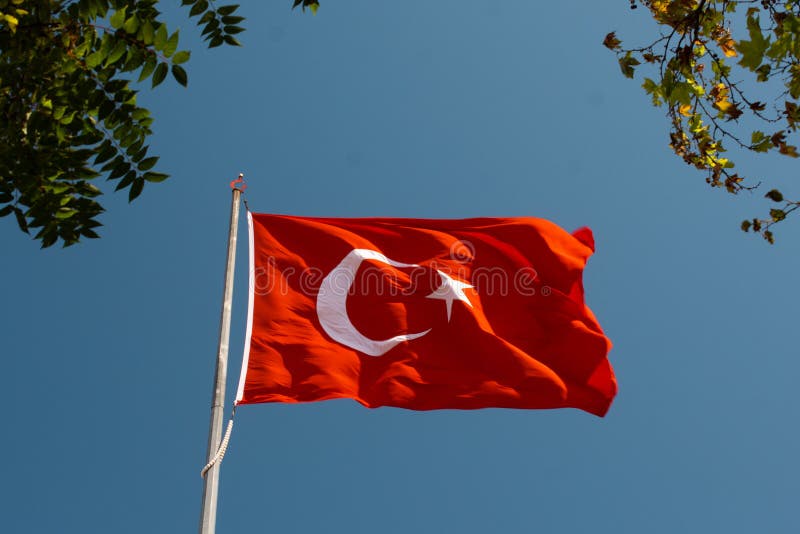 Turkish National Flag with White Star and Moon in Sky Stock Image ...