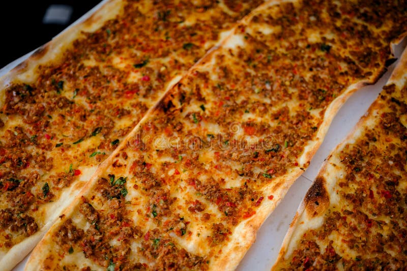 Turkish Pide with Cheese and Cubed Meat Stock Image - Image of snack ...