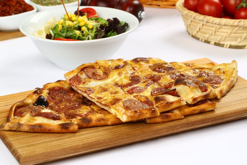 Turkish Pide with Sausage and Cheese Stock Photo - Image of closeup ...