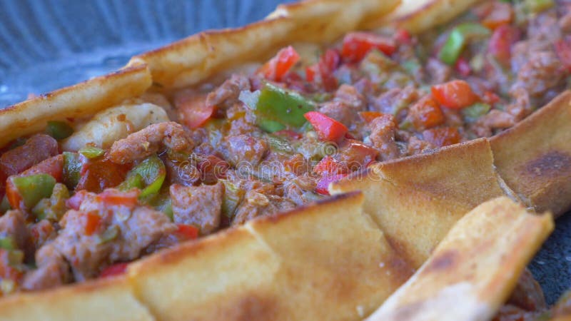 Turkish Pide Traditional Food with Beef and Vegetables. Stock Video ...