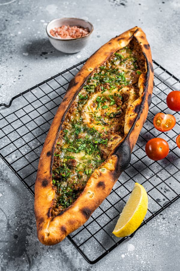 Turkish Pide, Traditional Pie with Beef Meat and Vegetables. White ...
