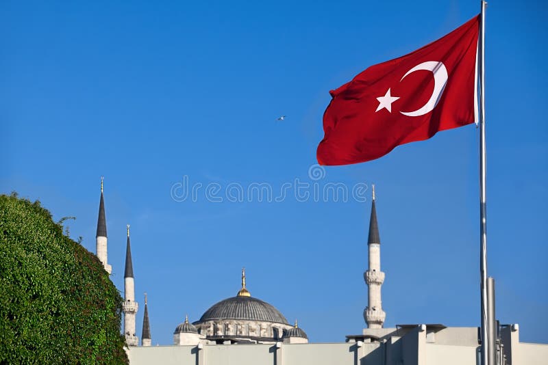 Blue Mosque in Istanbul and Turkey Flag Stock Image - Image of cupola ...