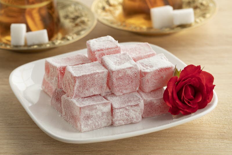 Turkish Rose Delight and a Fresh Rose Stock Photo - Image of turkish ...